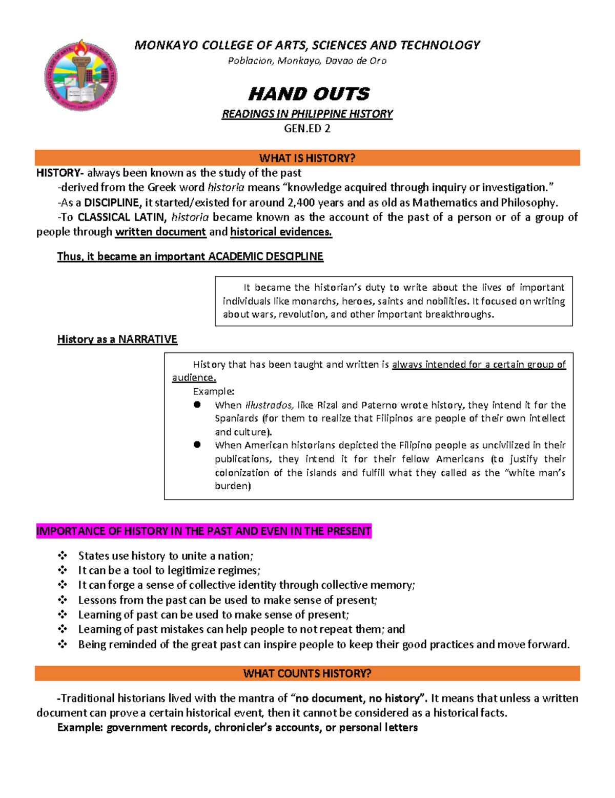 Gen. Ed 2 - Chapter 1: Understanding History and Its Importance - Studocu