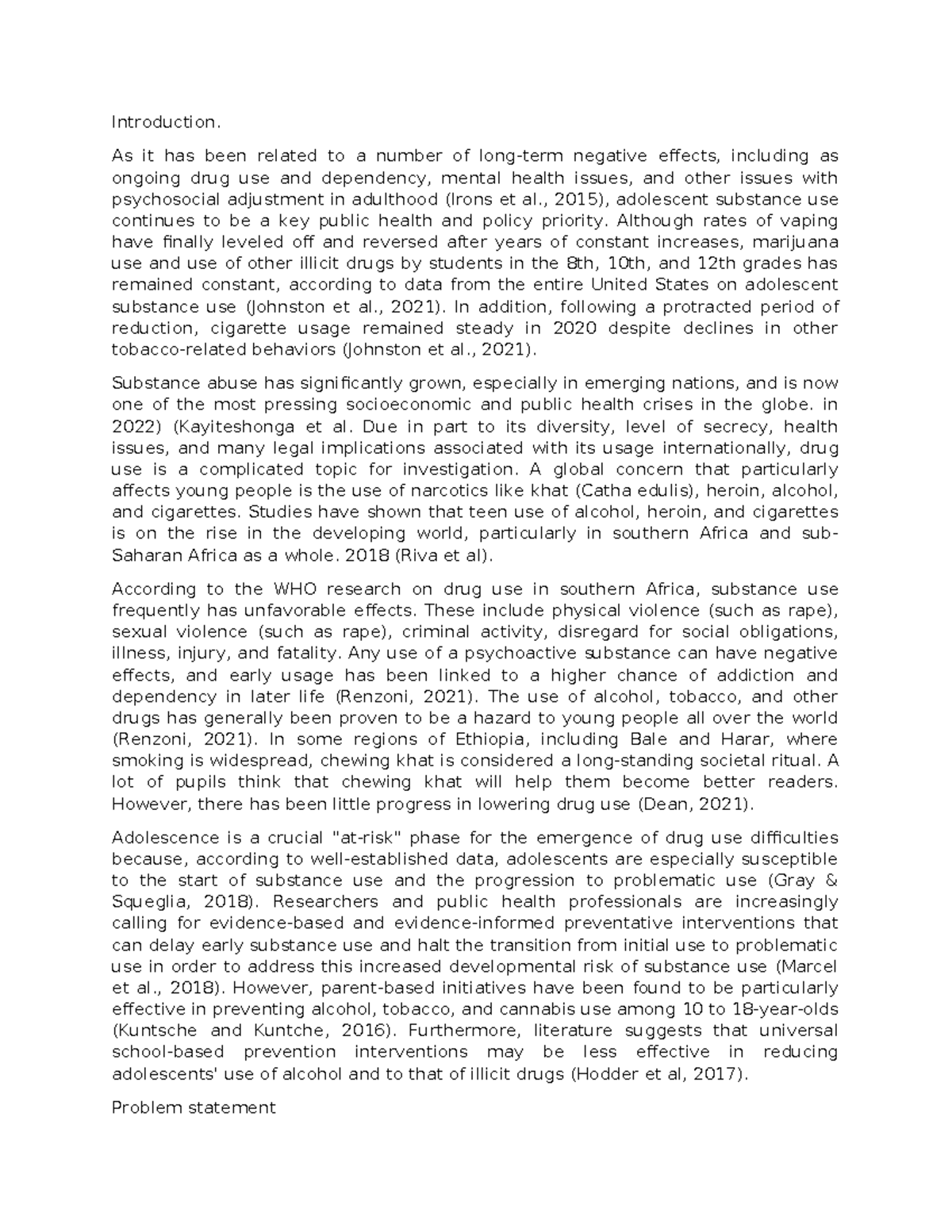 Parental Action Plan for Addressing Adolescent Substance Abuse - Studocu