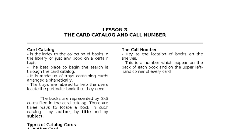 Lesson 3. THE CARD Catalog AND CALL Number - LESSON 3 THE CARD CATALOG ...