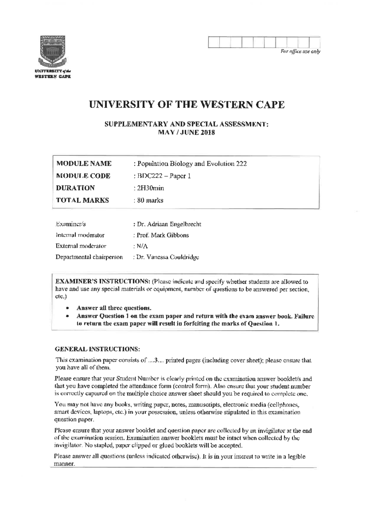 BDC222 Paper 1: Population Biology & Evolution - May/June 2018 Exam ...