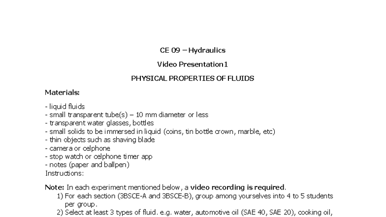 CE 09 Midterm Hydraulic Experiment Activity: Physical Properties of ...