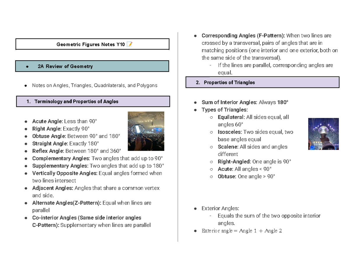 Geometric Figures Notes Y10 2A: Angles, Triangles, and Polygons Review ...