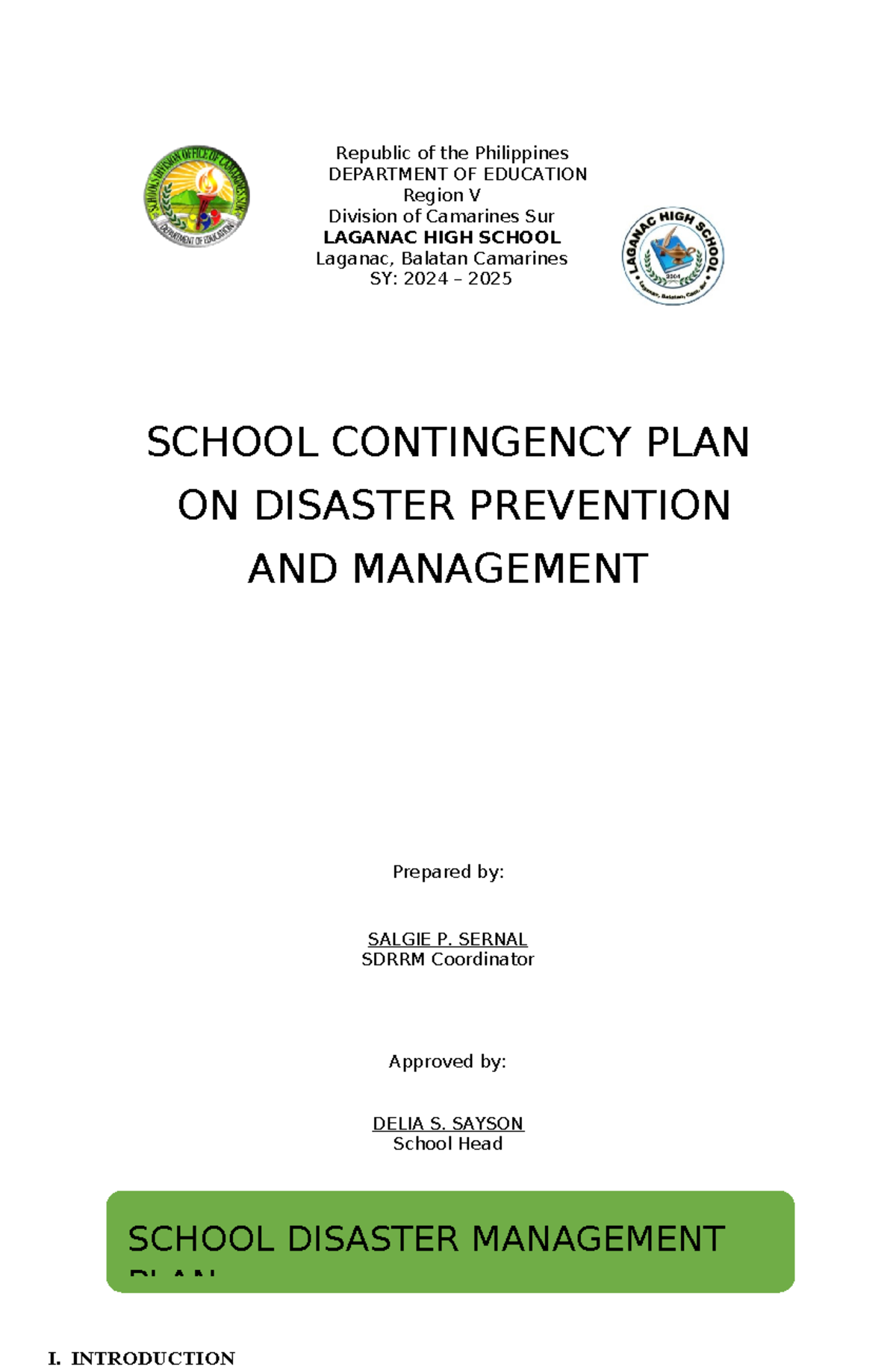 Laganac High School Contingency Plan for SY 2024-2025: Disaster Management - Studocu
