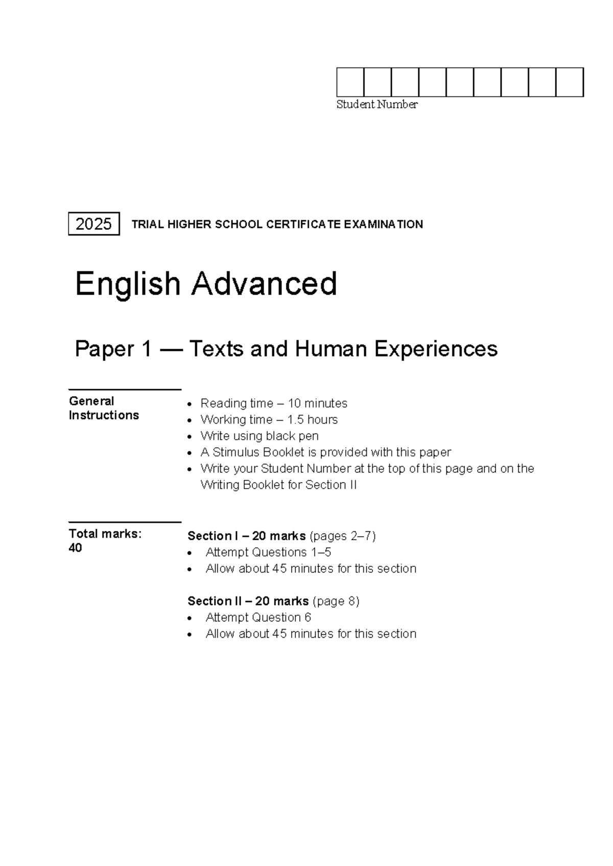 2025 HSC English Adv Paper 1: Texts & Human Experiences Sample B - Studocu