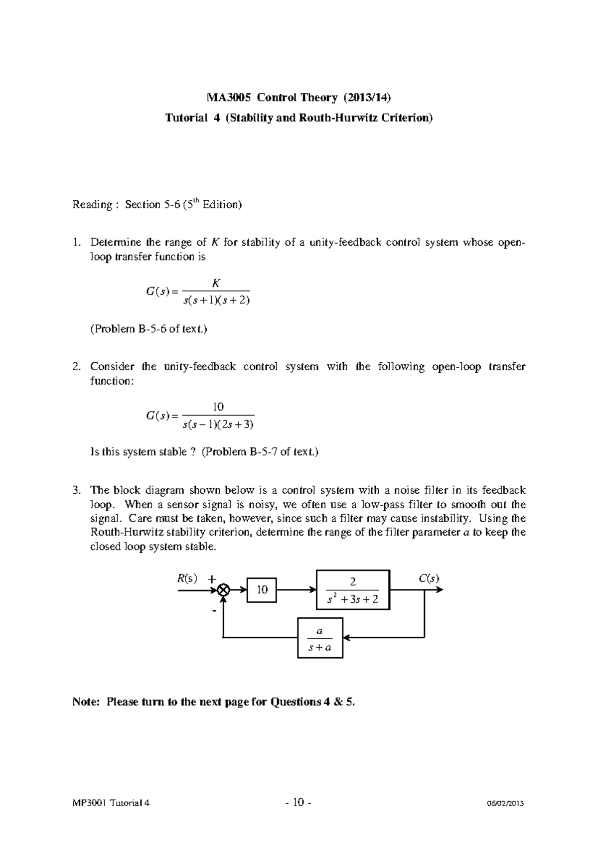 MA3005 Tutorial 4 AY1314 - MP3001 Tutorial 4 - 10 - 06/02/ MA3005 Control Theory (201 3 /1 4 ...
