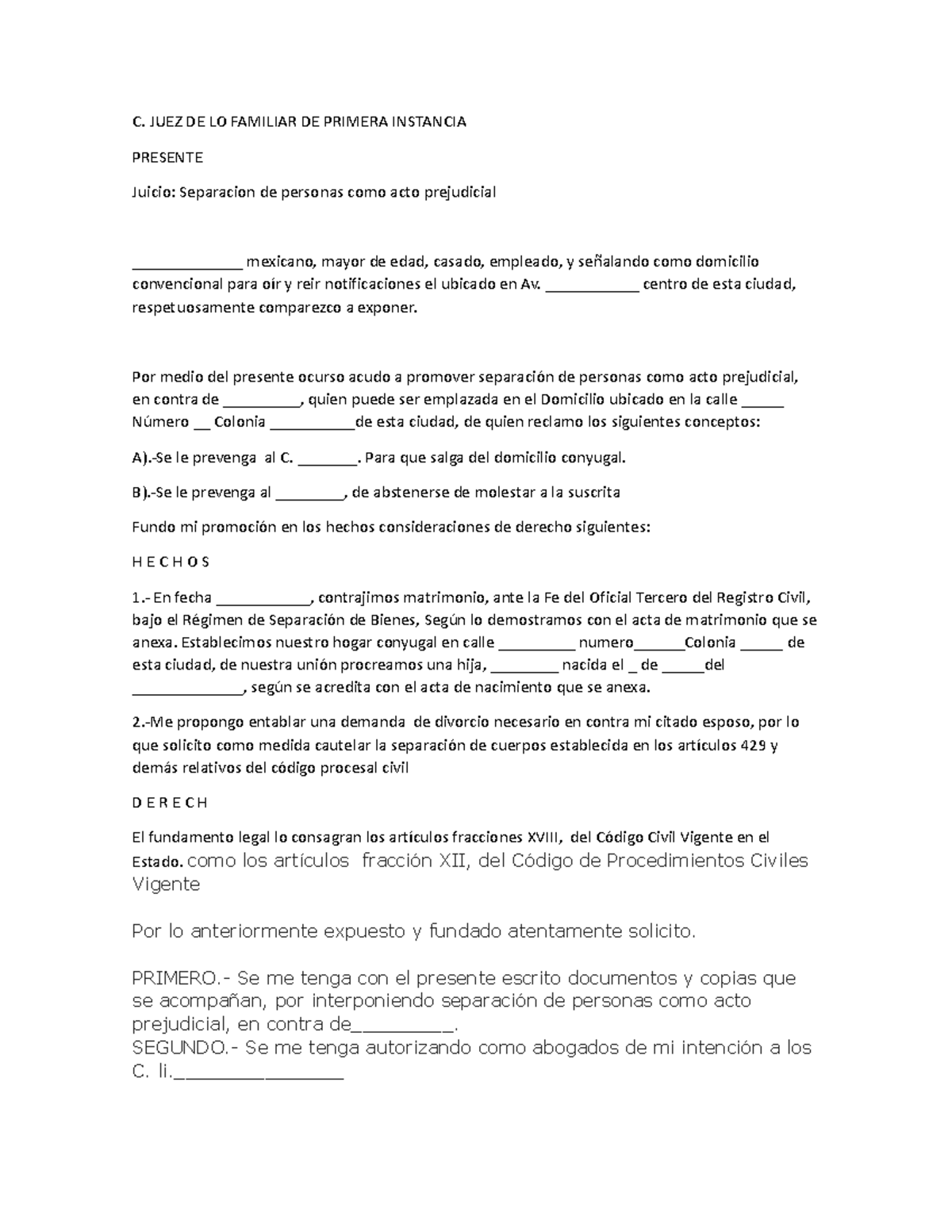 Acto Prejudicial de Separación de Personas en Juicio Familiar - Studocu