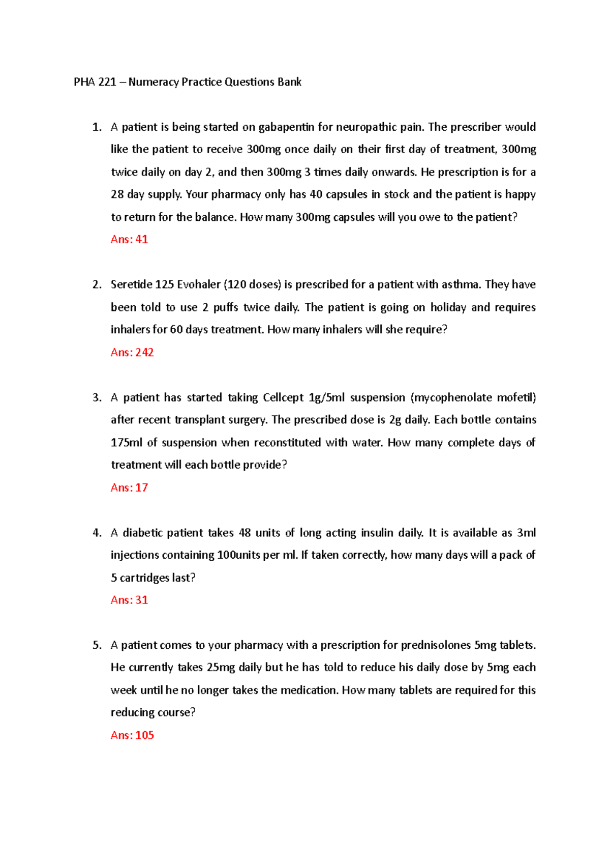 PHA 221 – Numeracy Practice Questions Bank for Pharmacy Students - Studocu
