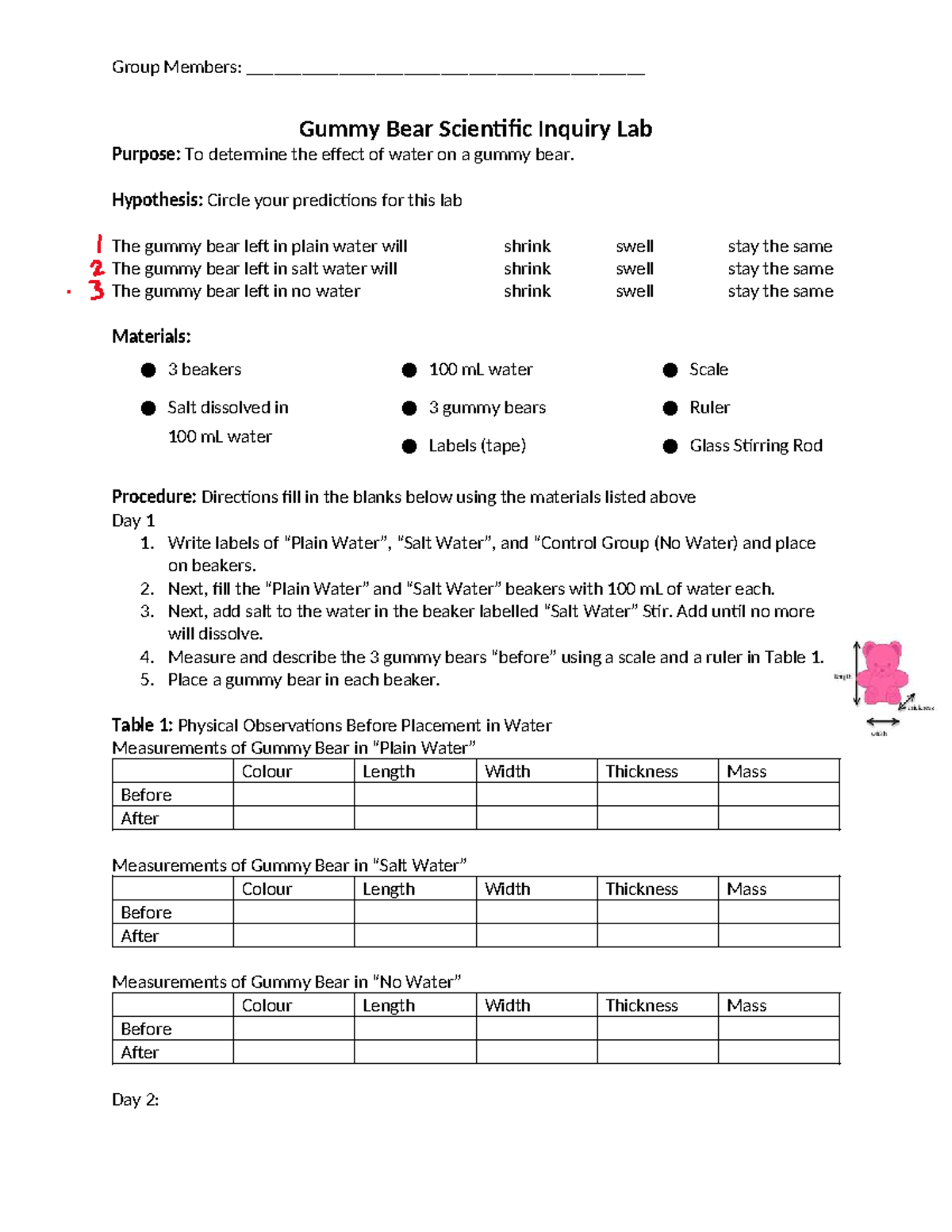 Lab 1 - Gummy Bear Inquiry: Effects of Water on Size - Studocu