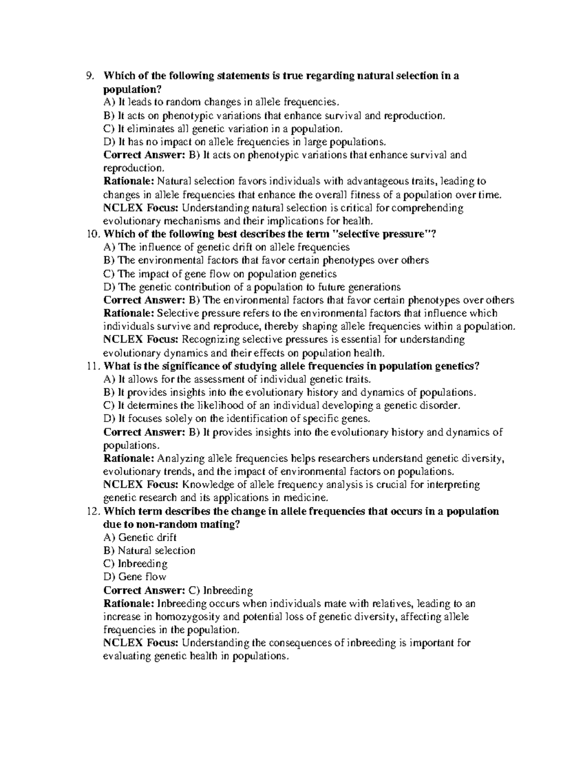 Genetics Test Bank: Natural Selection & Allele Frequencies (2024) - Studocu