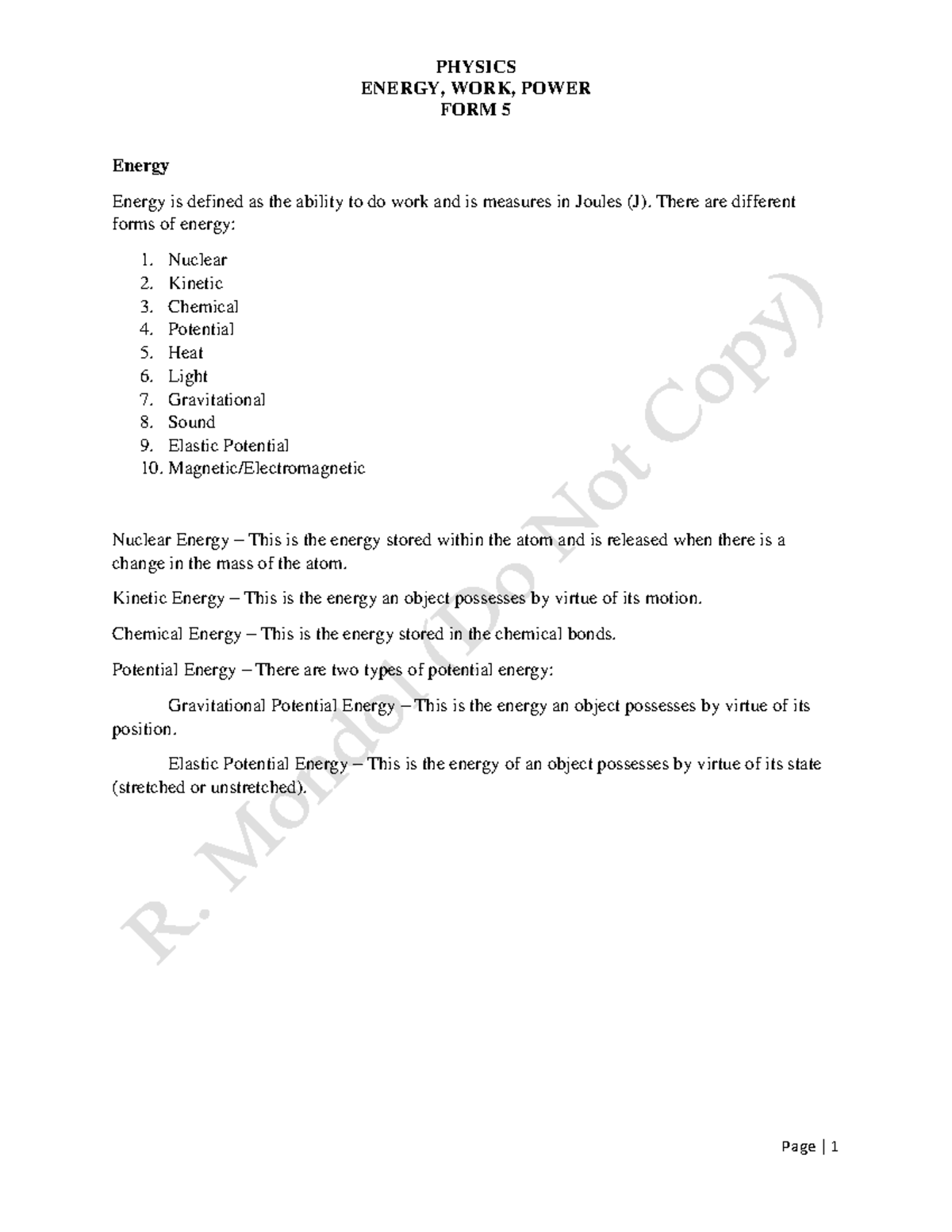 Physics Form 5: Energy, Work, and Power Concepts Overview - Studocu