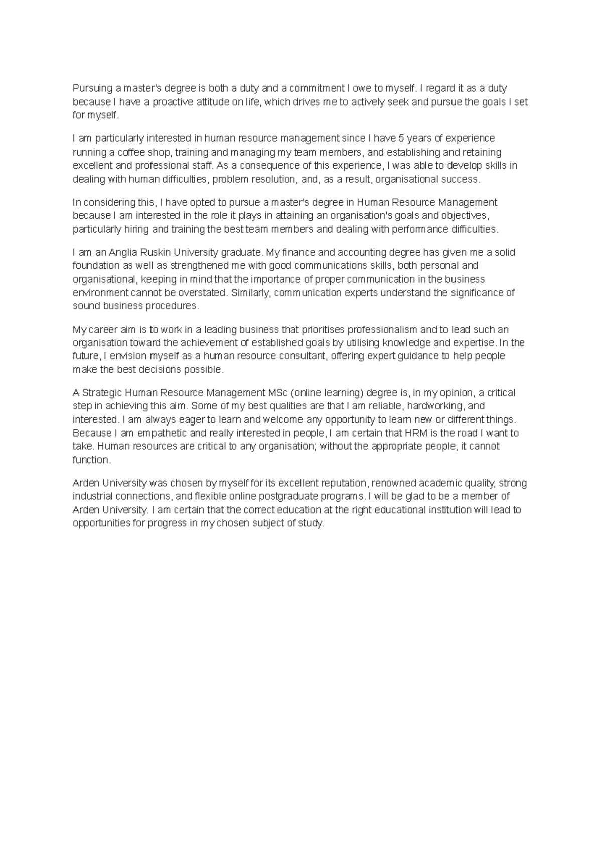 Master's Personal Statement for Strategic HRM MSc (Online) - Studocu