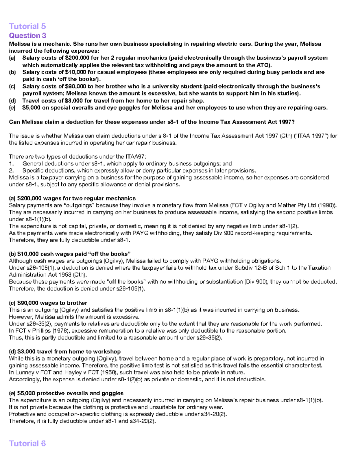Tutorial Questions - Sample Answers for Tax Law (ACCT123) - Studocu