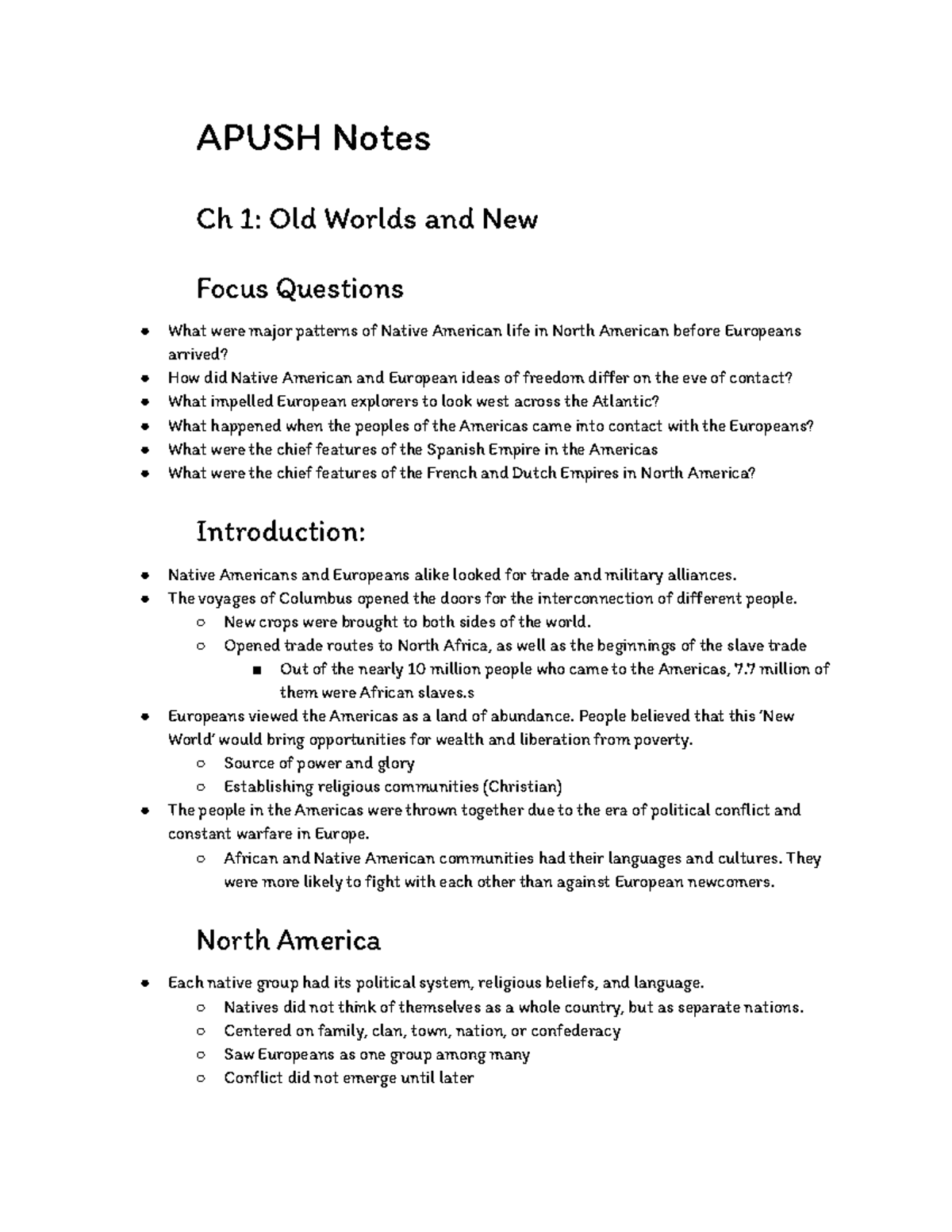 APUSH Notes: Ch 1 - Old Worlds and New Developments Overview - Studocu