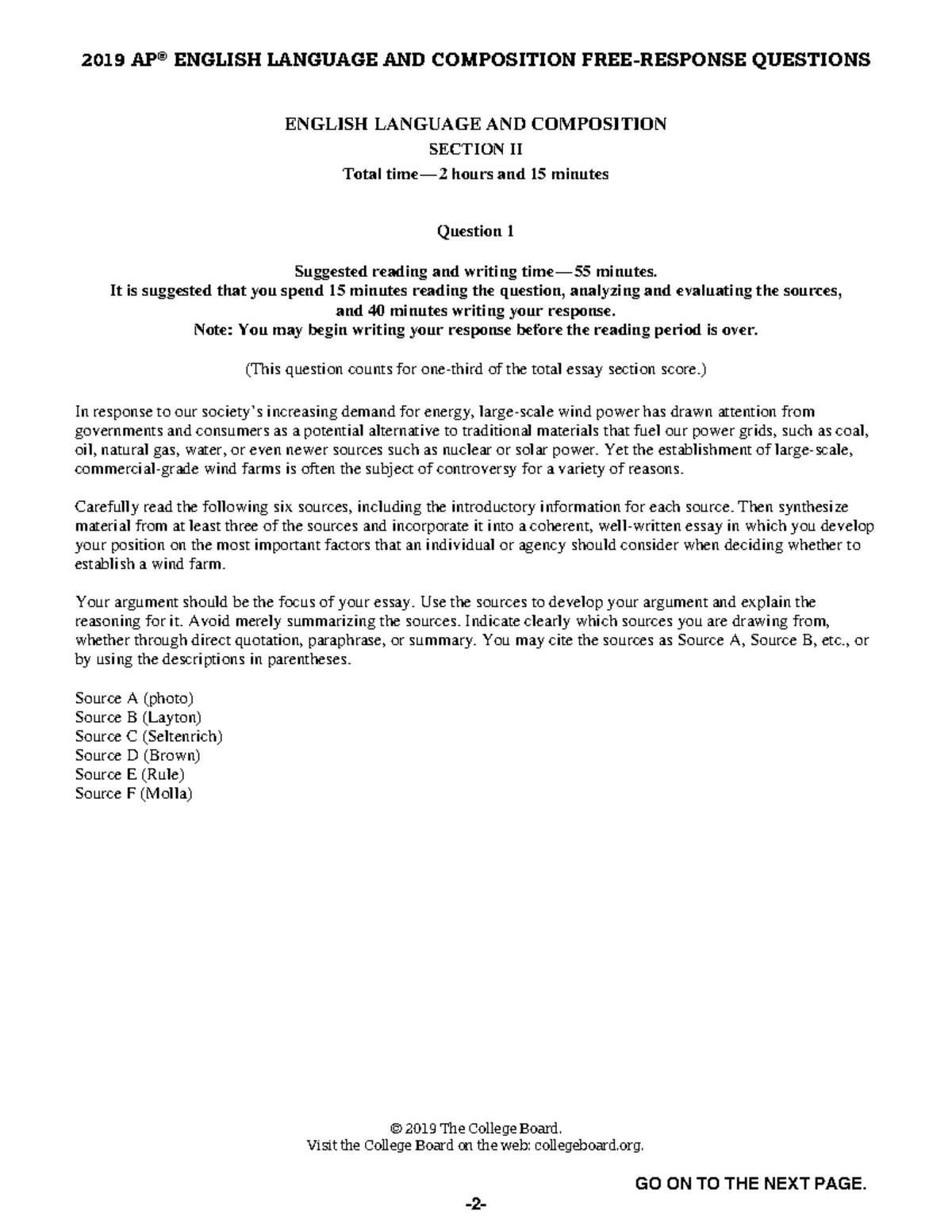 AP English Language and Composition 2019 Free-Response Q1: Wind Power ...