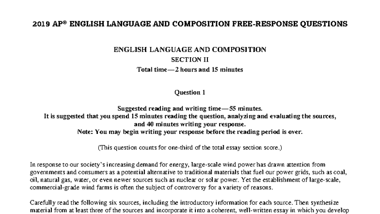 AP English Language and Composition 2019 Free-Response Q1: Wind Power ...