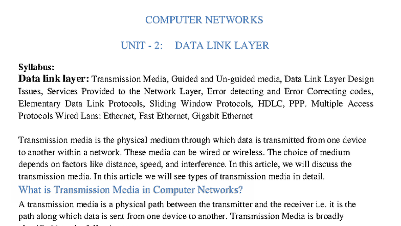 CN R20 UNIT 2: DATA LINK LAYER & TRANSMISSION MEDIA Overview - Studocu