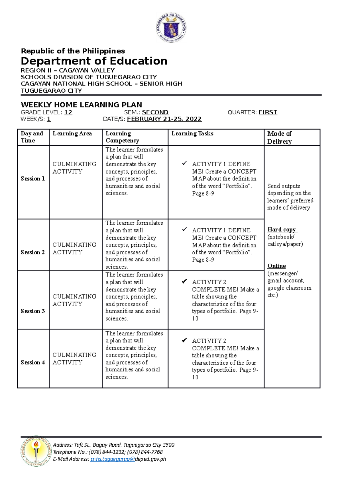 W1 CNHS-SH G12 Culminating Activity: Learning Tasks Overview - Studocu