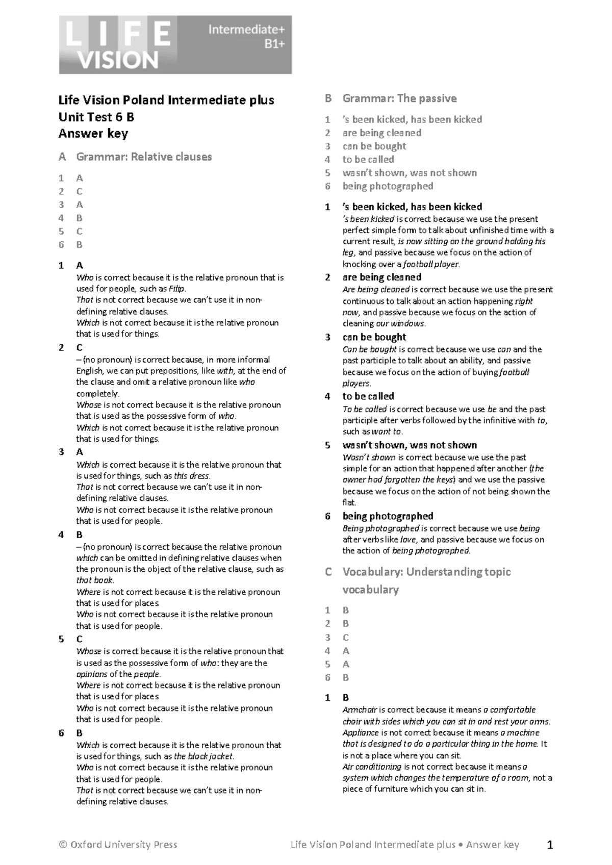 Life Vision Poland Intermediate Plus: Unit Test 6B Guide - Studocu
