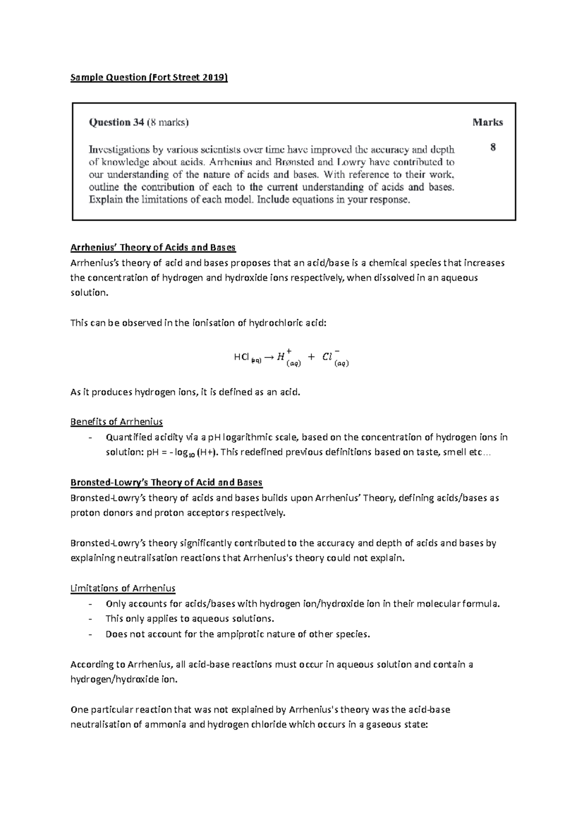 HSC Chemistry 2019 Sample Answer: Theory of Acids and Bases - Studocu