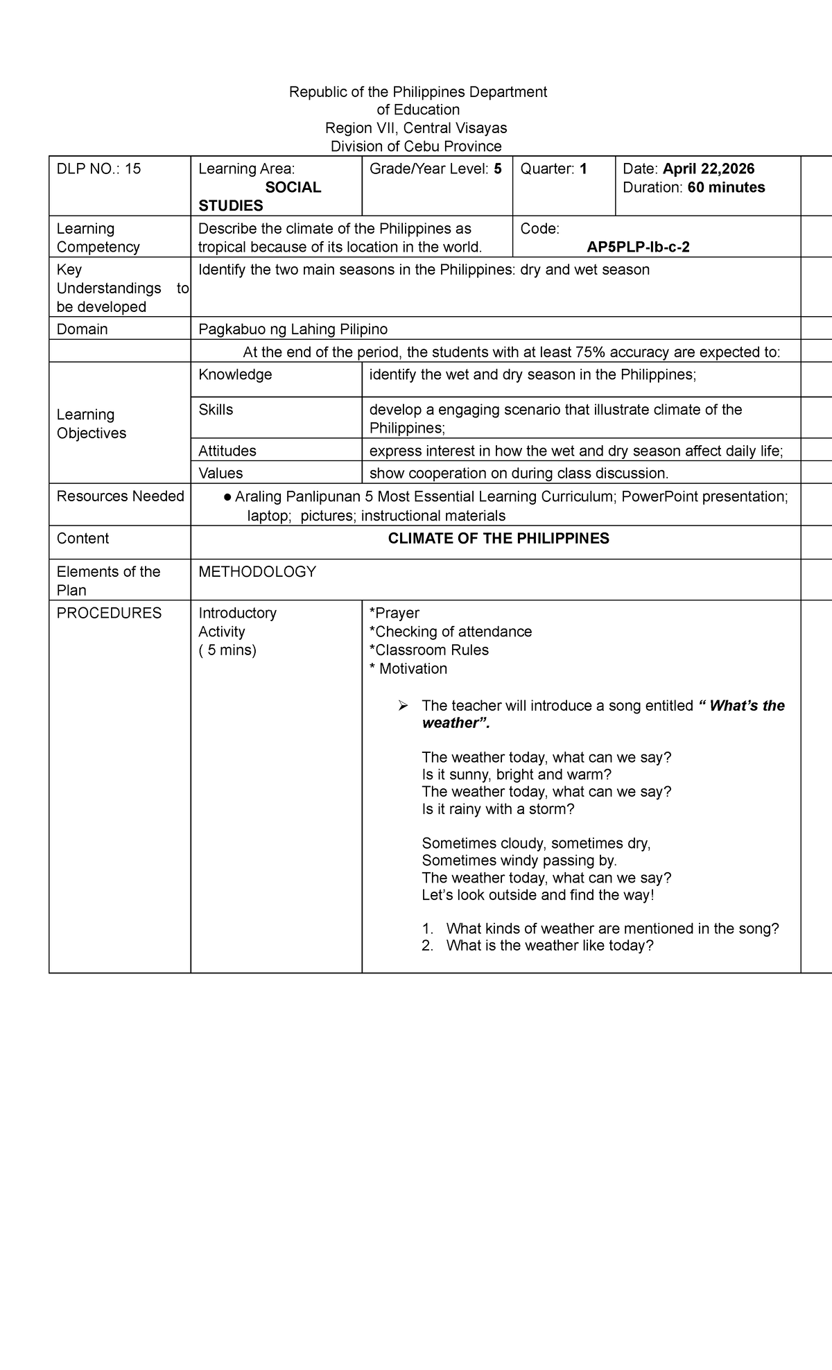 Social Studies DLP No. 15: Climate of the Philippines (Grade 5) - Studocu