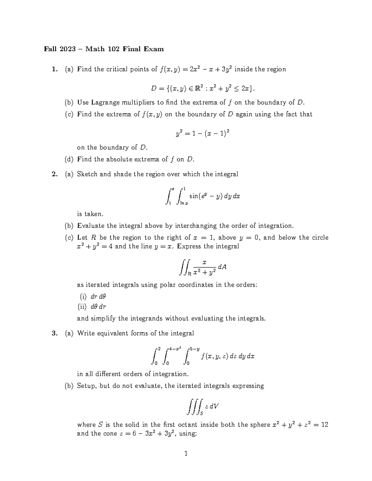 Fall 2023 Math 102 Final Exam 1: Critical Points & Integrals Analysis ...