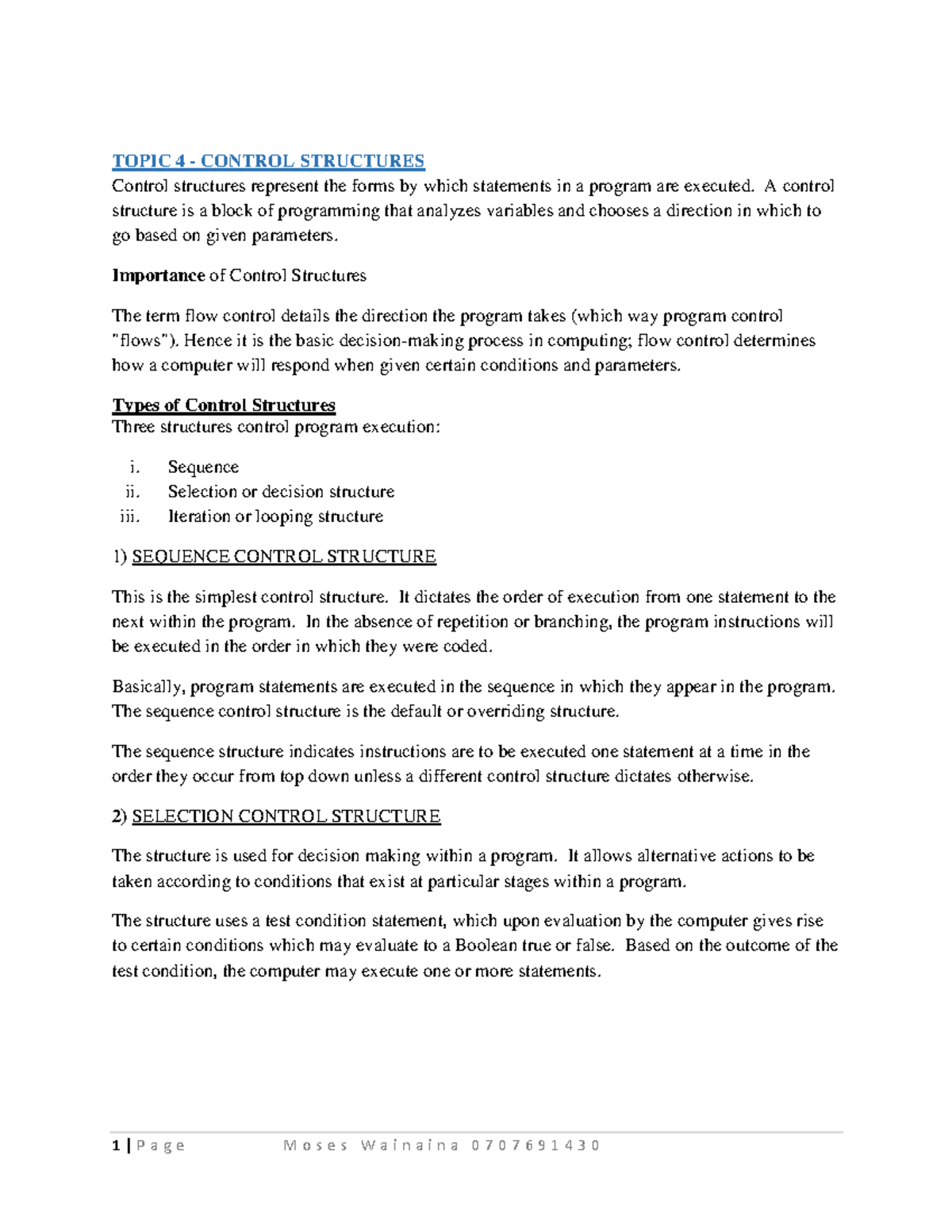 Topic 4 Control Structures Cit 115 Topic 4 Control Structures