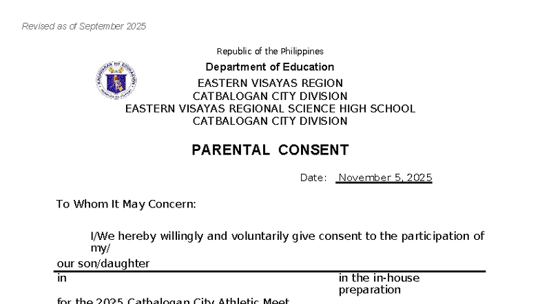 Parental Consent for 2025 Catbalogan City Athletic Meet - Studocu