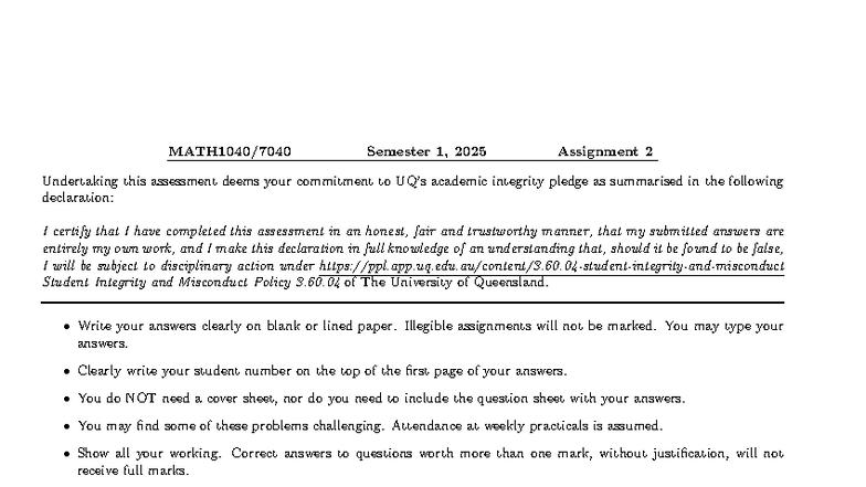 MATH1040 Assignment 2 Guidelines and Questions - Sem 1, 2025 - Studocu