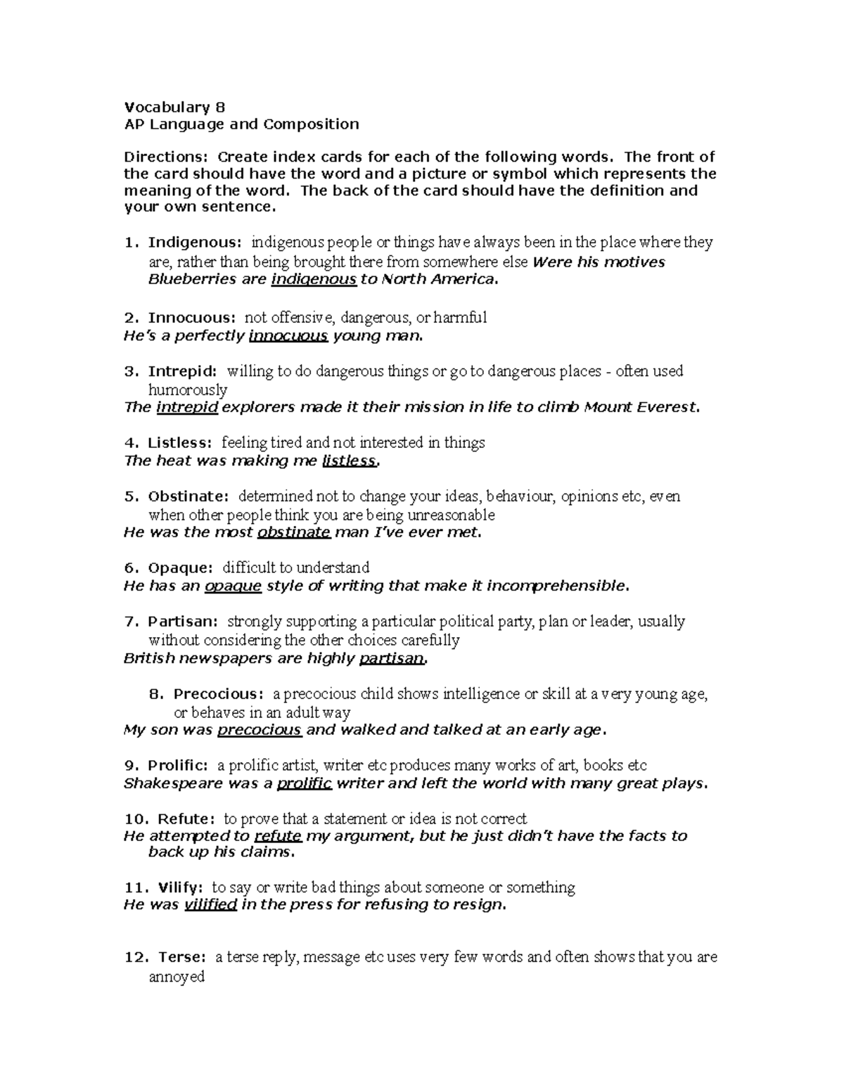 Vocabulary 8 Index Cards for AP Lang & Comp: Word Definitions ...