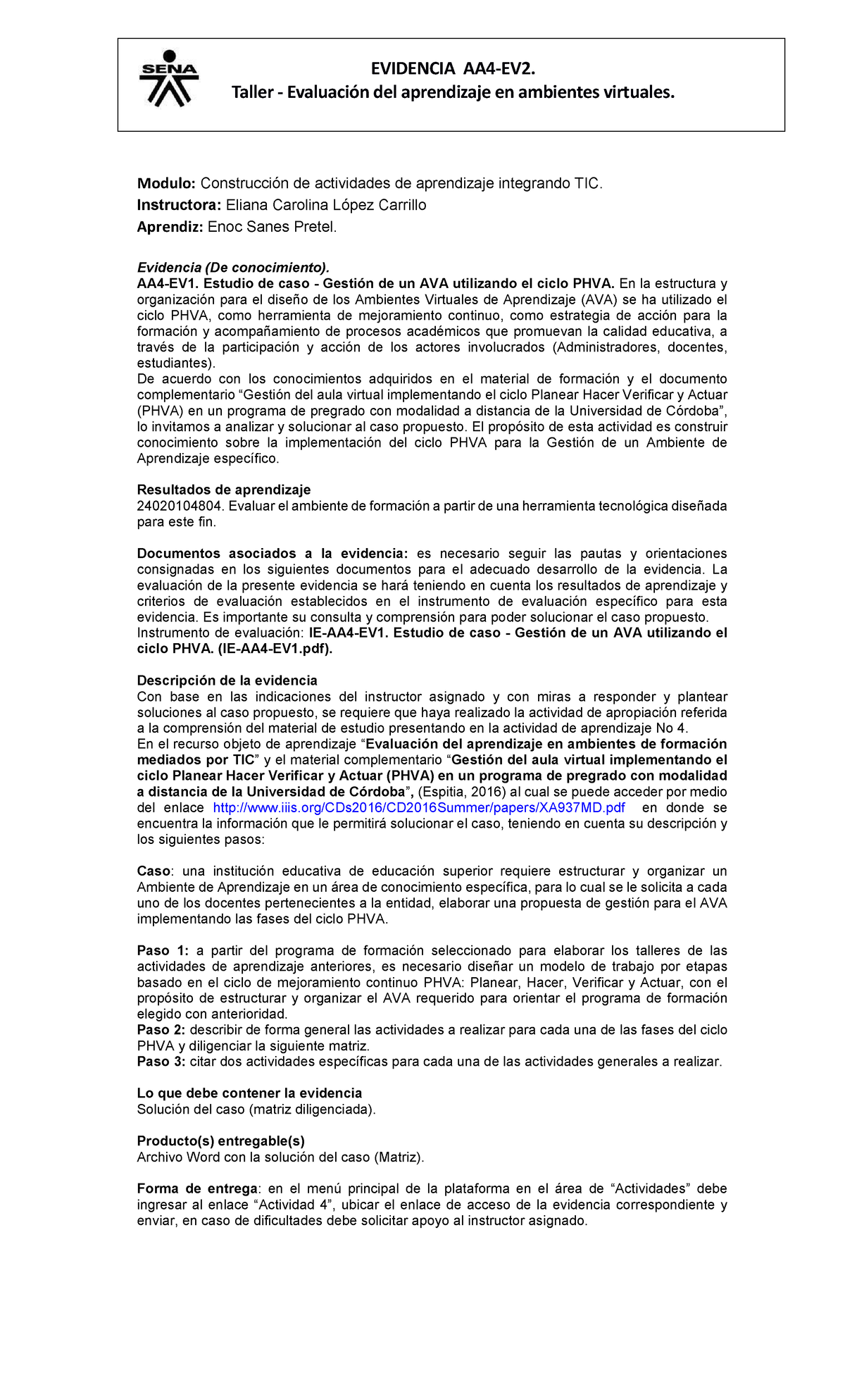 Gestión de AVA con Ciclo PHVA y TIC - Taller de Evaluación - Studocu