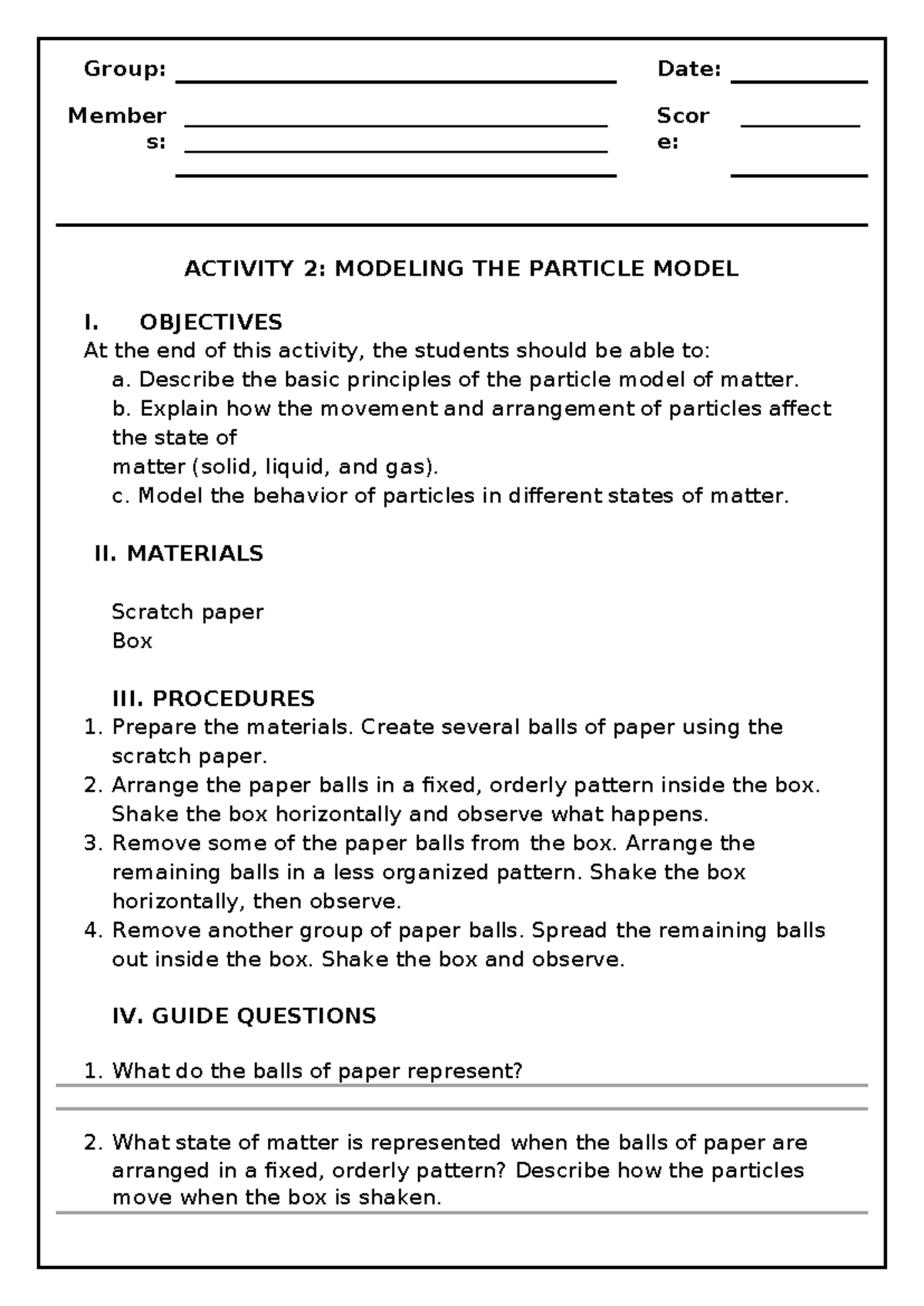 MIM Activity 2: Understanding the Particle Model of Matter - Studocu