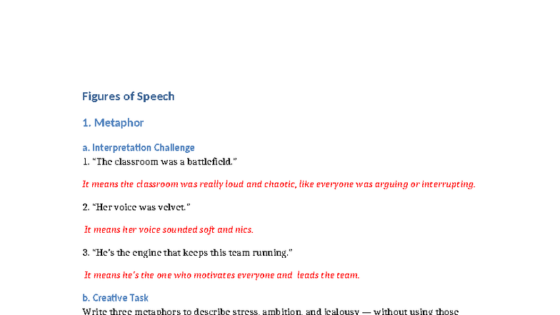 Figures of Speech 1: Metaphor, Simile, Euphemism, and Hyperbole Tasks ...