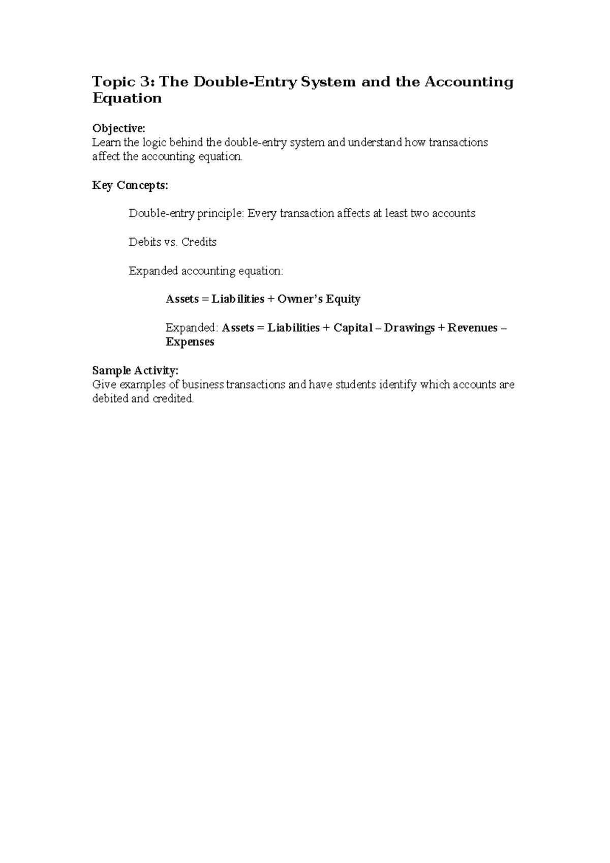 Intro to Acc 9 - Topic 3: The Accounting Equation and the DoubleEntry ...