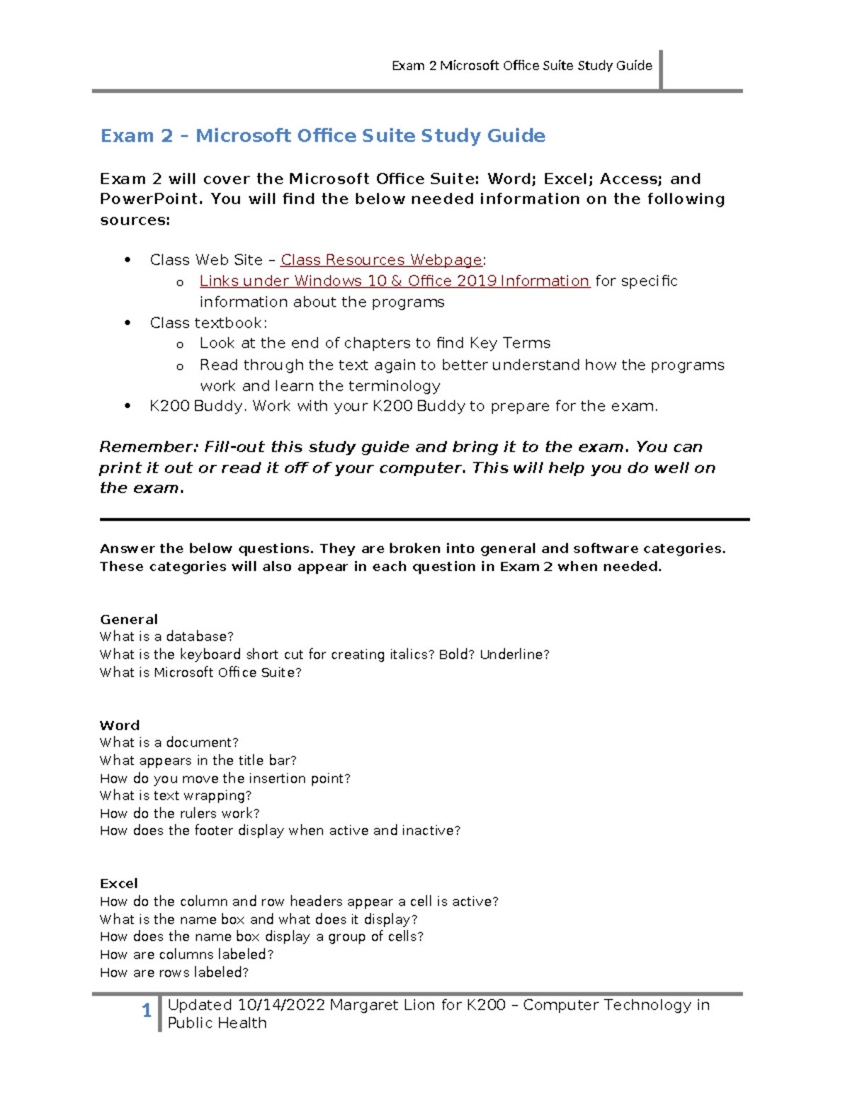 K200 Exam 2 Study Guide: Microsoft Office Suite Overview - Exam 2 ...