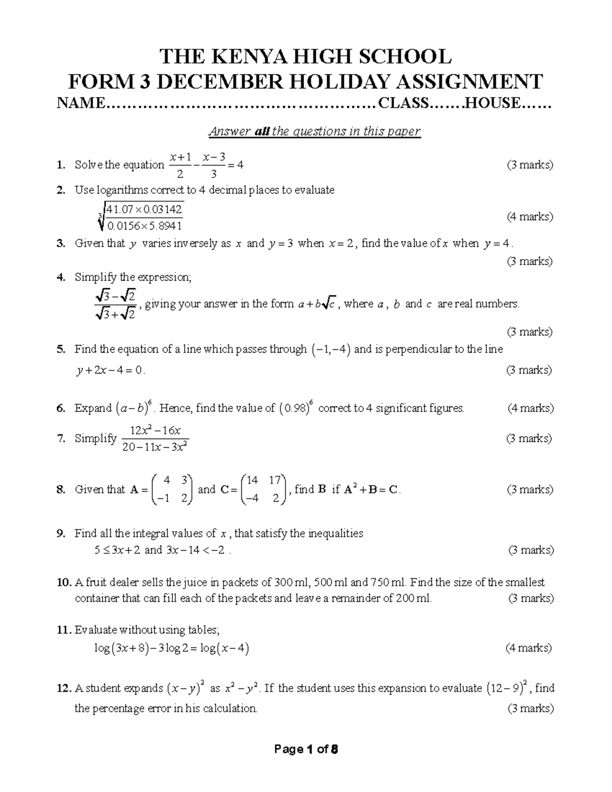 Form 3 Holiday Assignment - December 2023 - Studocu