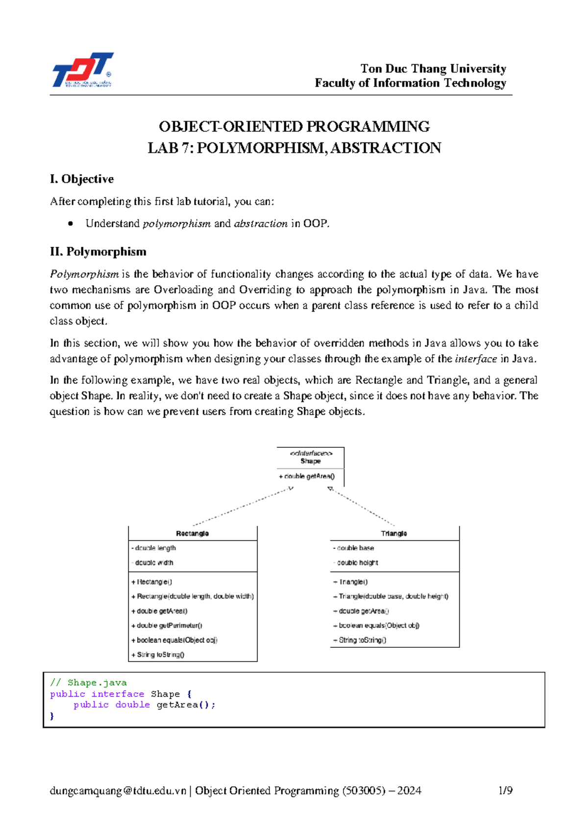 Lab7 thực hành opp - Faculty of Information Technology OBJECT-ORIENTED PROGRAMMING LAB 7: - Studocu