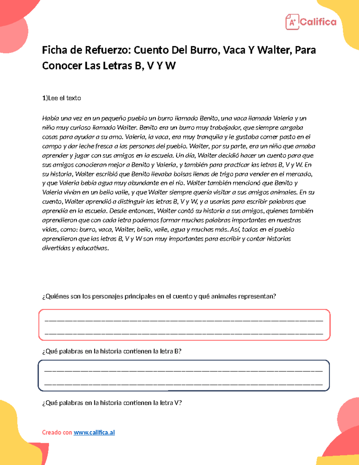 Ficha de Refuerzo: Cuento del Burro, Vaca y Walter - Letras B, V, W ...