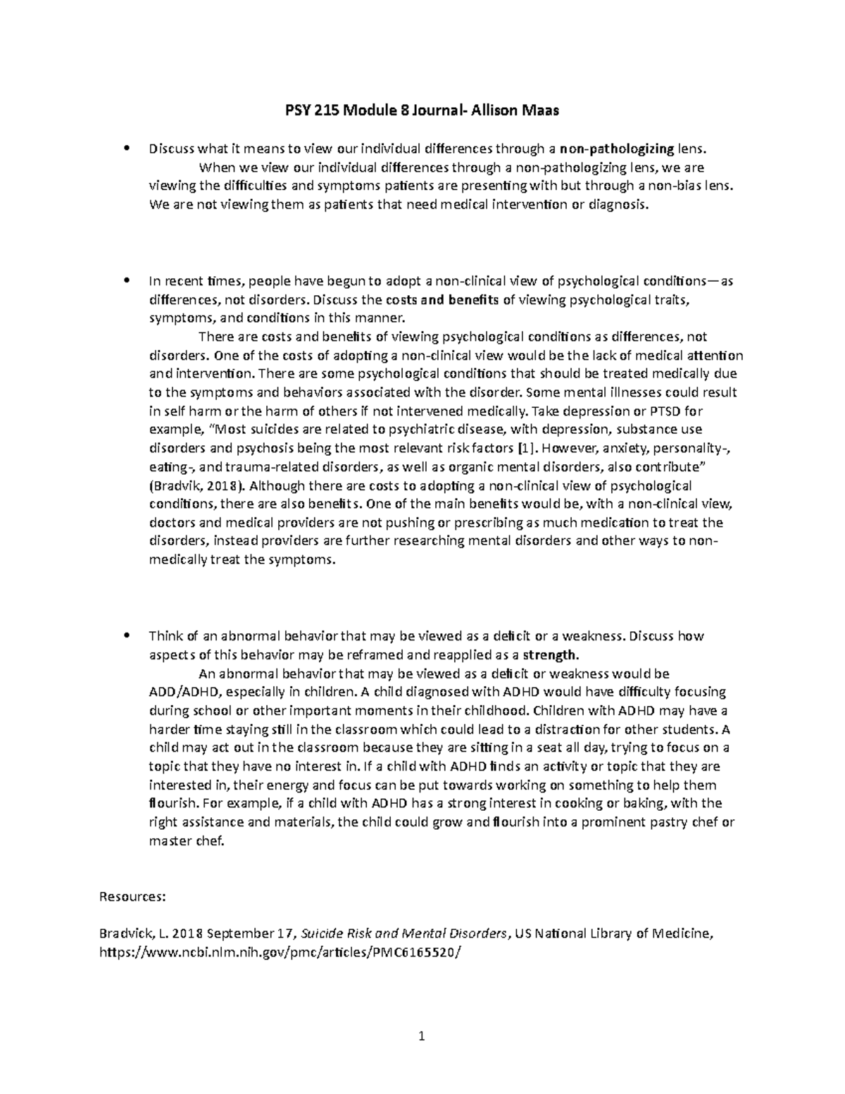 PSY 215 Module 8 Journal: Non-Pathologizing Views on Psychology - Studocu