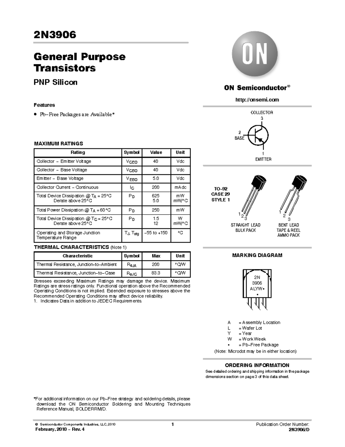 2N3906 PNP Transistor Specifications and Characteristics Data Sheet ...