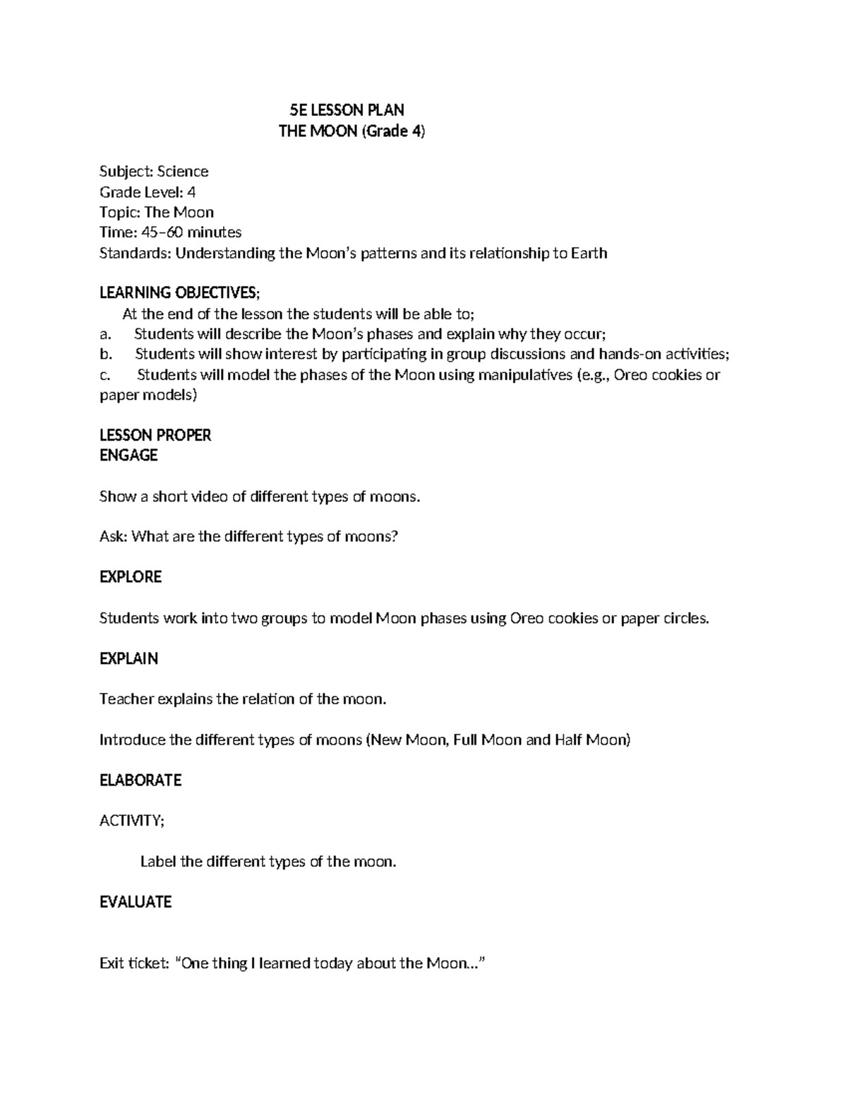 5E Lesson PLAN - make it creative - 5E LESSON PLAN THE MOON (Grade 4 ...