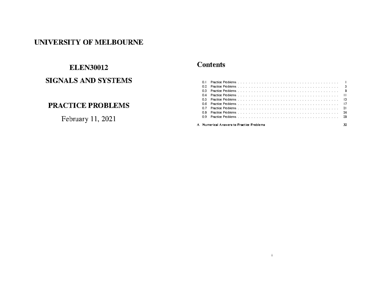 ELEN30012 S1 2021 Practice Problems and Solutions for Signals and ...
