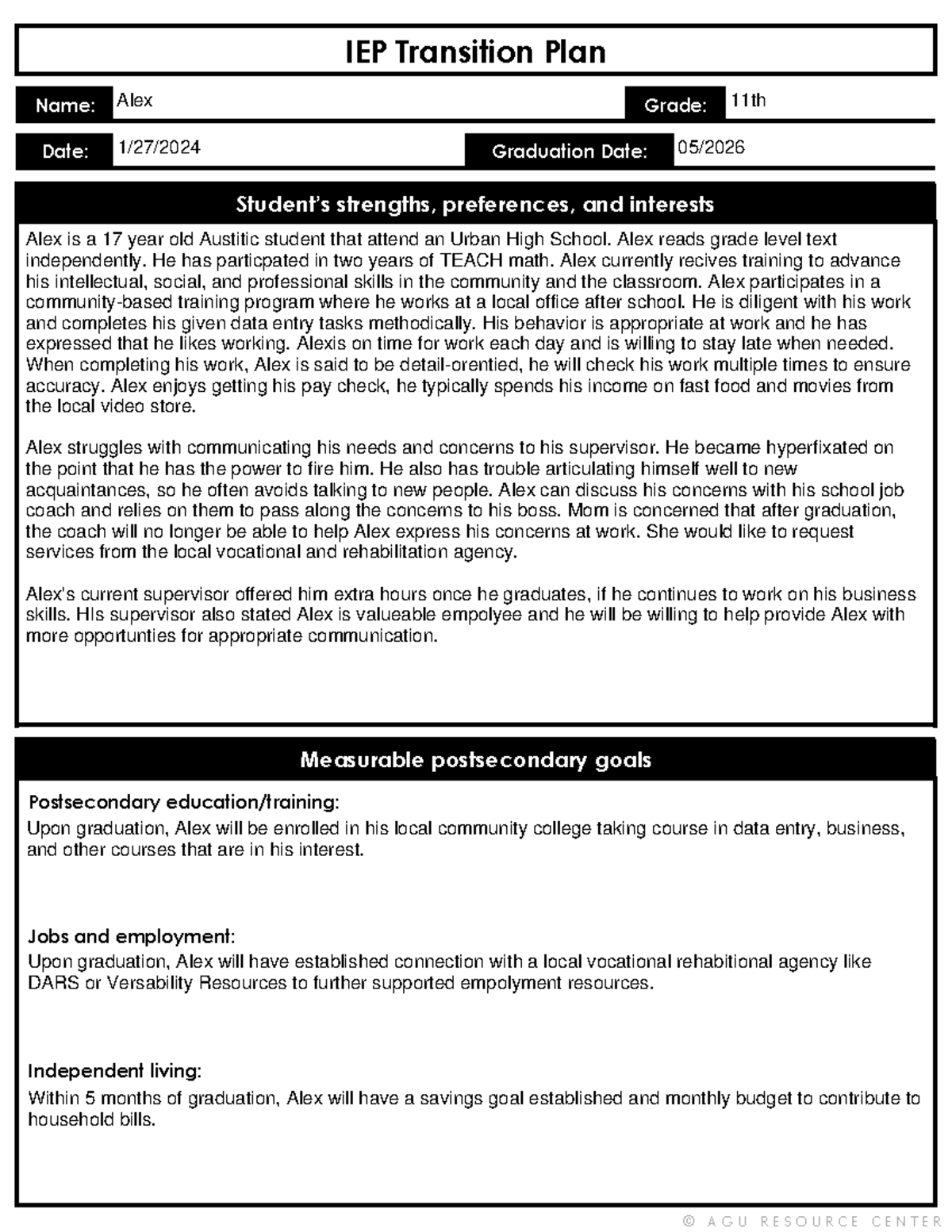 Alex IEP transition plan Document 25 - SPD-550 - © A G U R E S O U R C ...