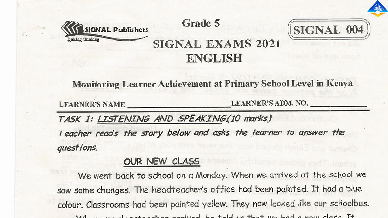 English Grade 5 Signal - Practice Quiz for Learner Achievement - Studocu
