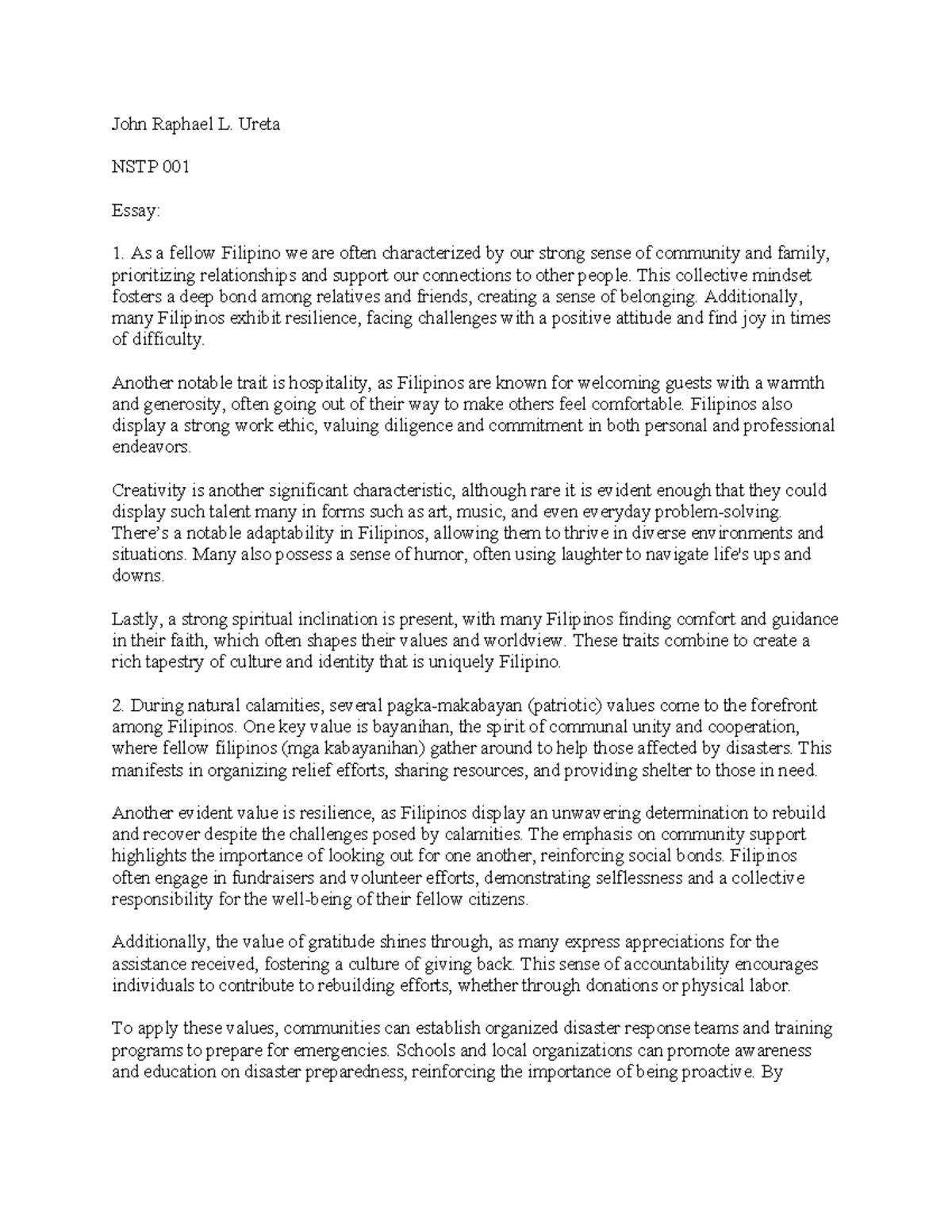 NSTP Assignment 4 Module 4 - John Raphael L. Ureta NSTP 001 Essay: As a fellow Filipino we are ...