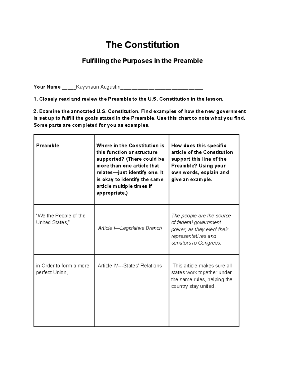 1.05 US GOV V23 Assignment: Analyzing the Constitution's Preamble - Studocu