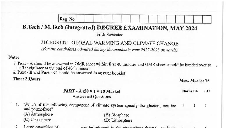 21CEO310T Global Warming & Climate Change - May 2024 Question Paper ...