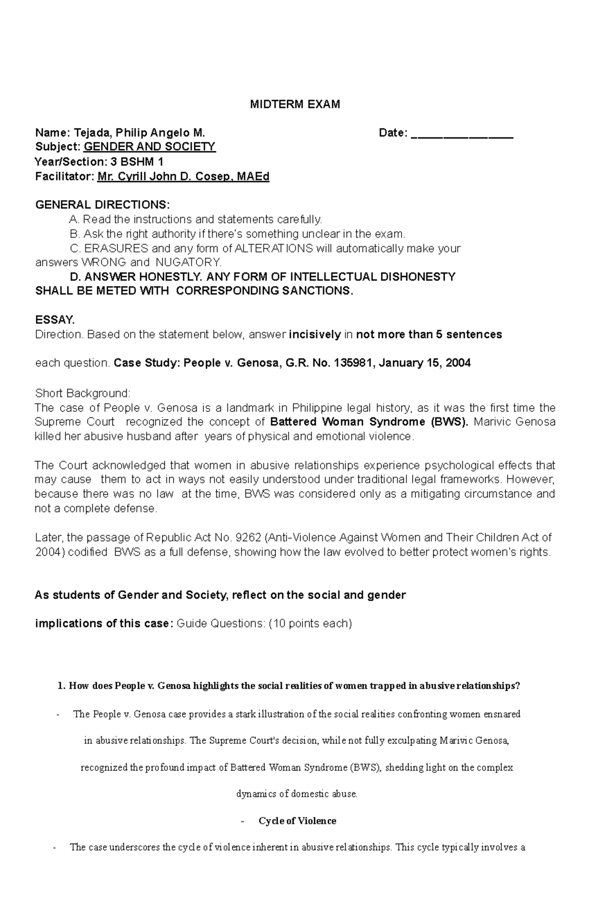 GENDER AND SOCIETY 3 BSHM 1 MIDTERM EXAM: People v. Genosa Case Study ...