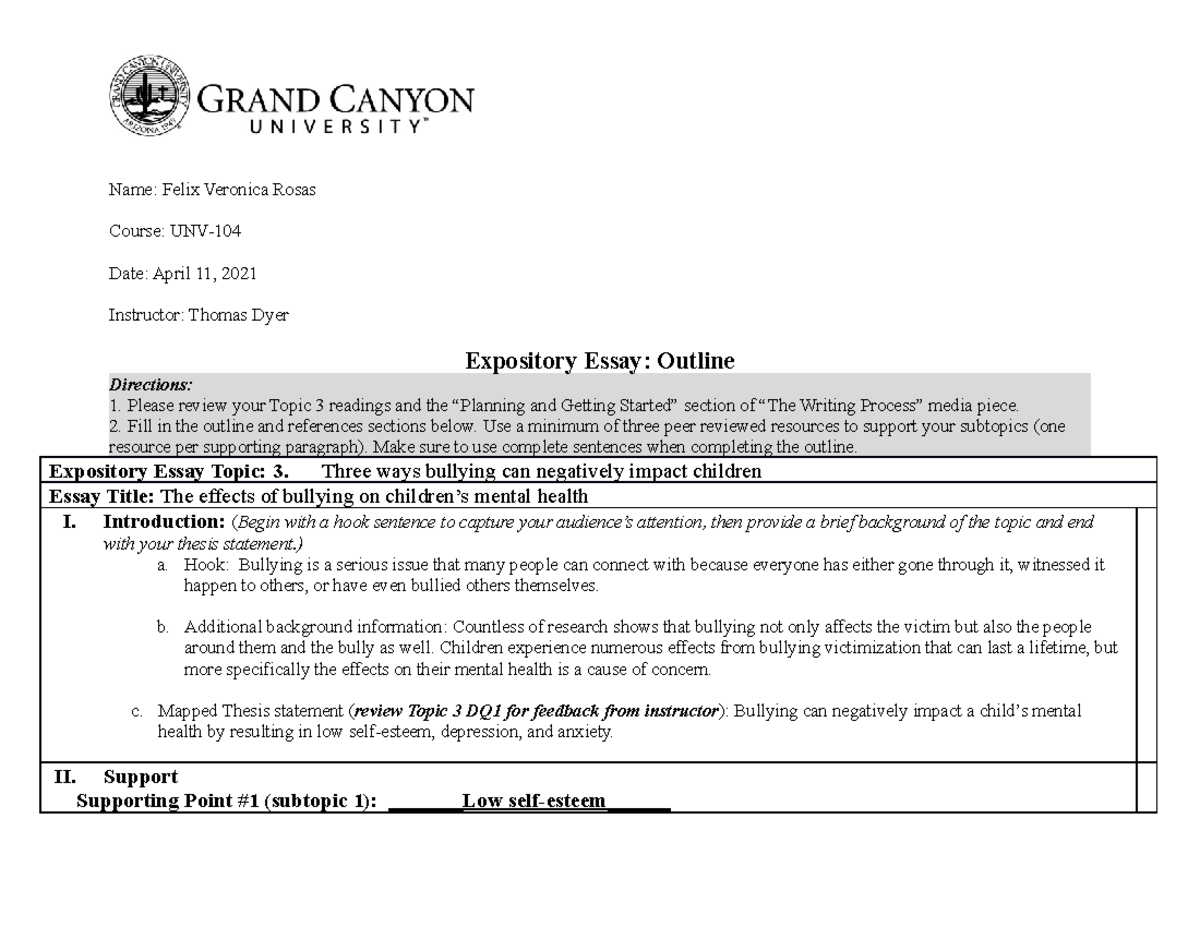 Expository Essay Outline on UNV-: Bullying's Impact on Child Mental ...