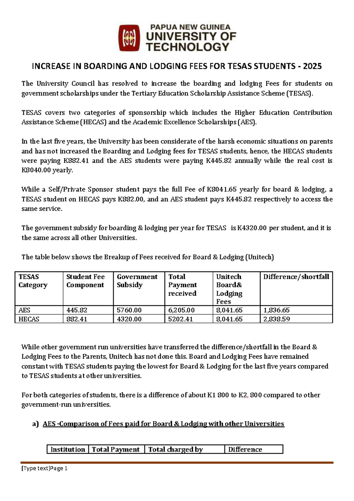Increased Boarding & Lodging Fees for TESAS Students - 2025 Final - Studocu