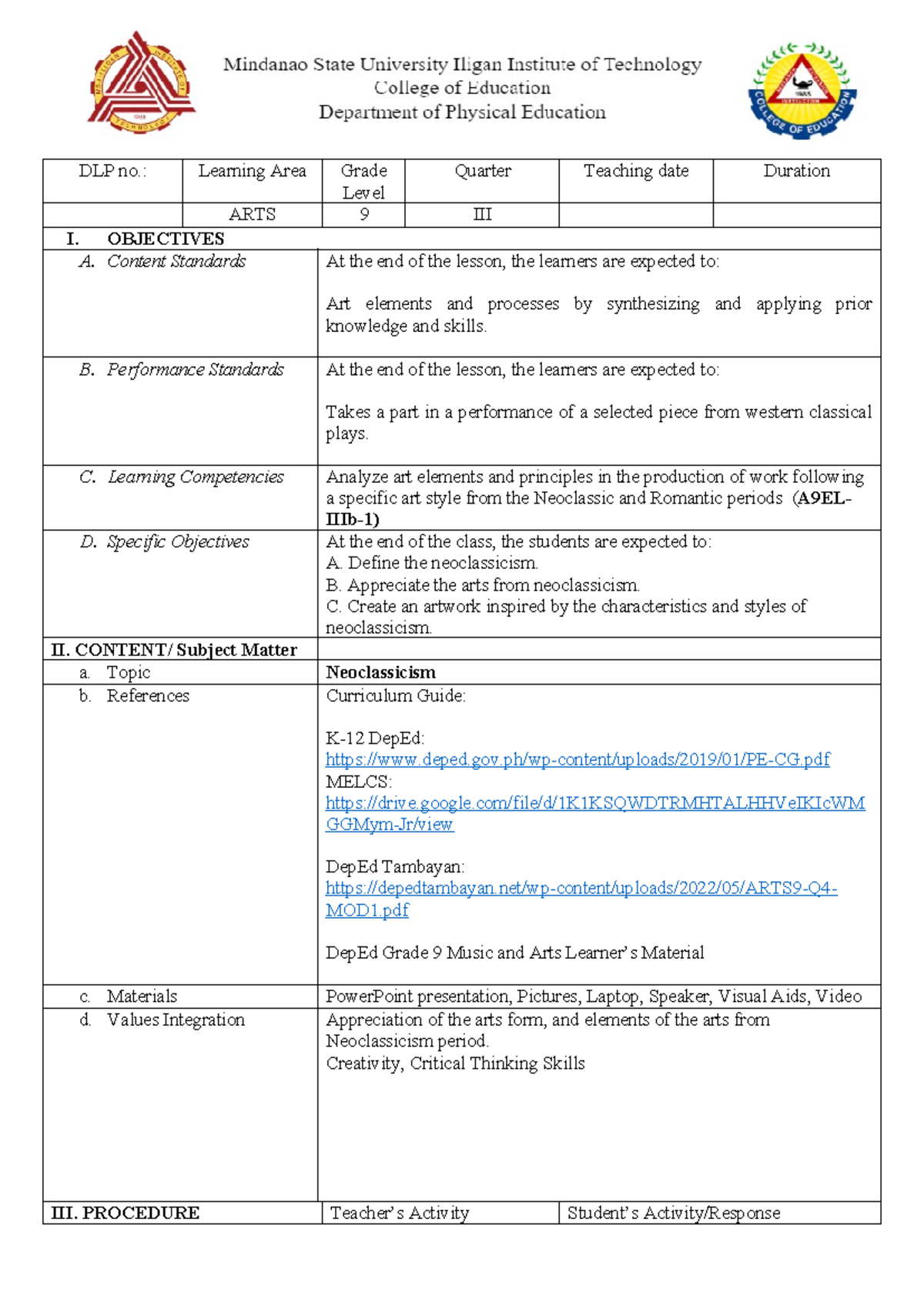 ARTS DLP 1 - Neoclassicism Lesson Plan for Grade 9 Students - Studocu